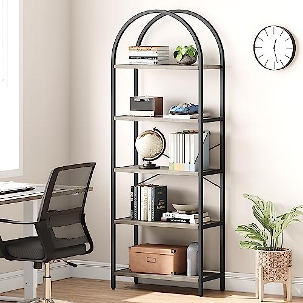 IDEALHOUSE Bookshelf 5 Tier Bookcase Arched Display Racks Tall Standing Bookshelves Metal Frame Farmhouse Storage Rack Shelf Grey Book Shelf for Bedroom, Living Room, Home Office