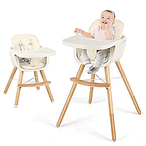 HONEY JOY High Chair, 3-in-1 Eat & Grow Wooden Highchair/Booster Seat/Toddler Chair with Removable Tray, 5-Point Harness, PU Cushion and Footrest for Baby, High Chair for Babies and Toddlers