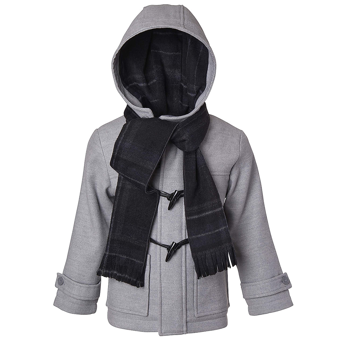 Cremson Boys Classic Wool Look Winter Duffle Toggle Jacket Dress Coat Scarf Hood - Grey (Size 12)