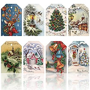 Whaline 120Pcs Christmas Gift Tags with 30m / 98.4ft Hemp Rope Vintage Seasonal Wishes Labels Holiday Season Gift and Favor Tags for Seasonal Favors Xmas Parties and Celebrations, 8 Styles