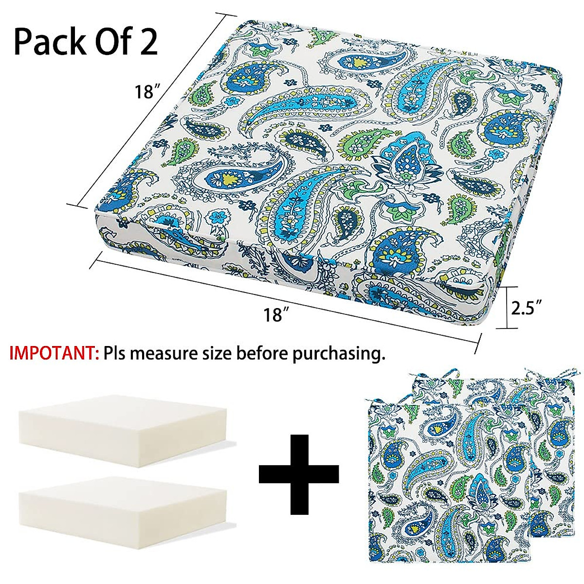 Magpie Fabrics Indoor Outdoor Waterproof Square Chair Cushion, 18" x 18" x 2.5", 2 Pack, Water Resistant Seat Cushions, for Patio Garden Office, Paisley Blue