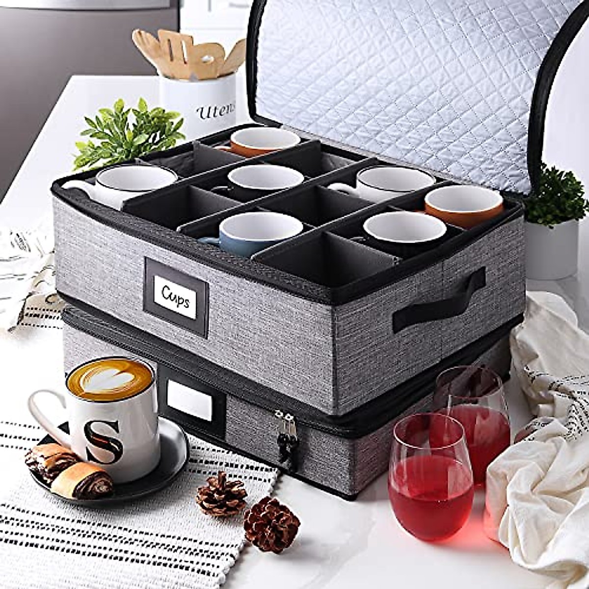 Mug Storage, Stackable Coffee Cup Storage Organizer for a Set of 12 - Padded Mug Storage Box with Dividers, China Storage Containers Hard Shell with Handles & Zippers for Easy Storage & Transport