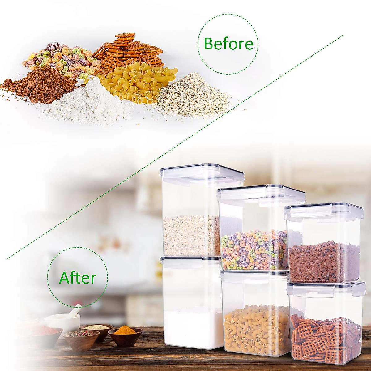 ME.FAN Food Storage Containers [Set of 6] Food Canisters / Flour Container - Pantry Bulk Airtight Storage Keeper with 5 Set Measuring Cups 24 labels & Pen - Black