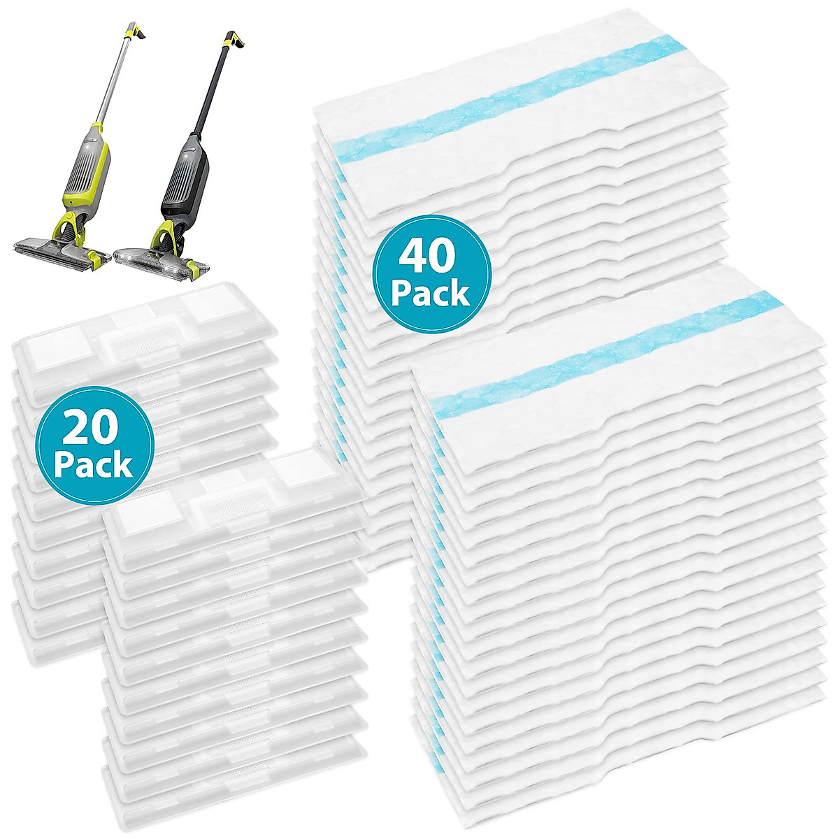 Extolife Vac Mop Pads Refills Replacement for Shark Vacmop VM252 VM251 VM200 VM200C VM190 VM252C QM250 VM250 VC205 Vacuum Mops, 40 Pack Disposable Mop Pads and 20 Pack Dirt Chambers (40 Pack)