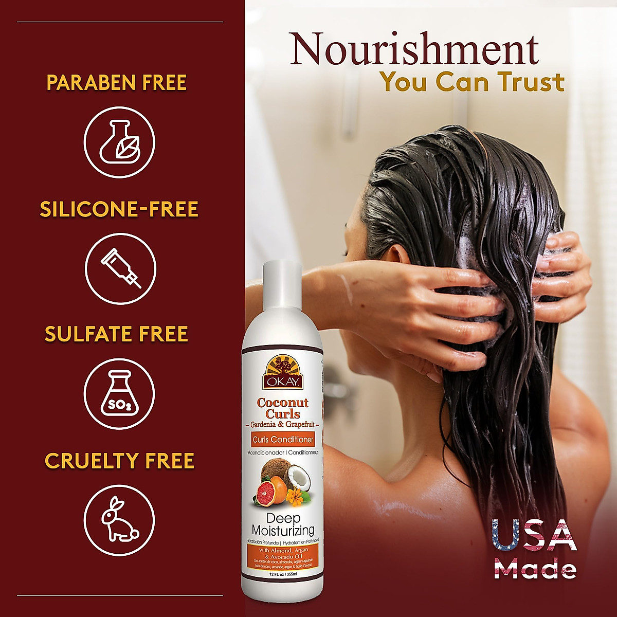 OKAY Coconut Curls Gardenia&Grapefruit Conditioner Helps Moisturize,Hydrate,and Define Curls Sulfate,Silicone,Paraben Free For All Hair Types and Textures Made in USA 12oz