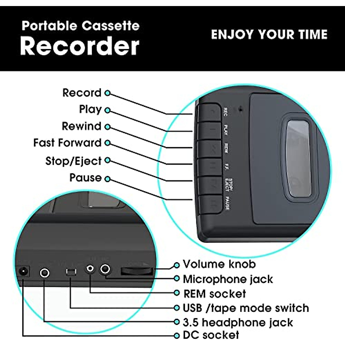 Portable Cassette Player Recorder with Stand-Alone Microphone, Walkman Tape Cassettes Converter MP3 with USB Player, Captures USB Stick Audio Files, Built-in Speaker/Retractable Handle/Headphone Jack