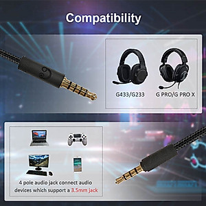 QJYTH Replacement Cord Compatible with Logitech G433/G233/G Pro/G Pro X Headset, Inline Mute and Volume Control Audio Cable Wire Compatible with PS5/PS4 Controller(6.5 Feet)