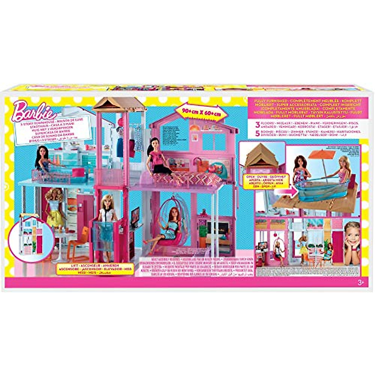 Barbie Doll House, 3-Story Townhouse with 4 Rooms & Rooftop Lounge, Furniture & Accessories Including Swinging Chair (Amazon Exclusive)