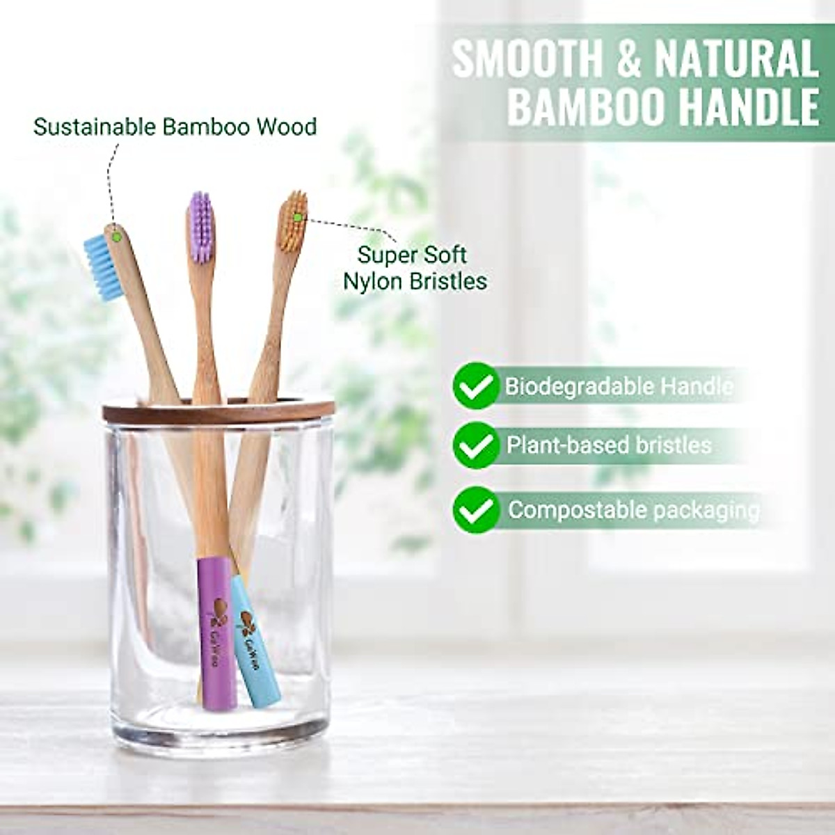 GoWoo 100% Natural Bamboo Toothbrush Soft - Organic Eco Friendly Toothbrushes with Soft Nylon Bristles, BPA-Free, Biodegradable, Dental Care Set (Pack of 4, Adult, Rainbow)