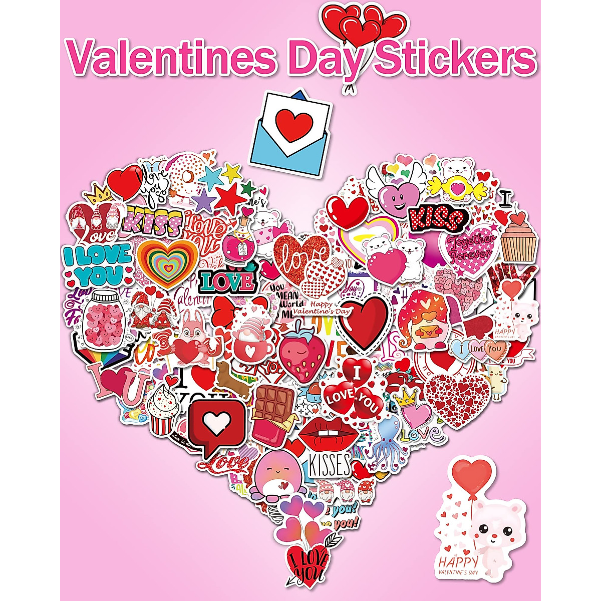 Valentines Day Stickers, Heart Stickers for Water Bottles Cards Gift Boxes Party Favors, Valentines Gifts for Kids Classroom, Waterproof Vinyl Love Stickers for Kids Teens Girls