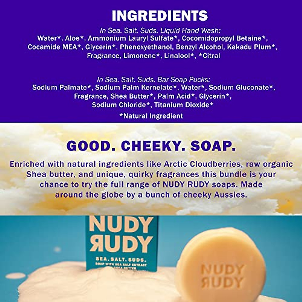 Nudy Rudy - Sea. Salt. Suds. - Liquid Hand Wash + 2 Bar Soap Bundle - Organic Shea Butter - Sea Salt - Non-Greasy - Hand Soap - Body Wash - Skin Care - Men & Women - 16.9 fl oz & 4.2 oz - 3 Pack