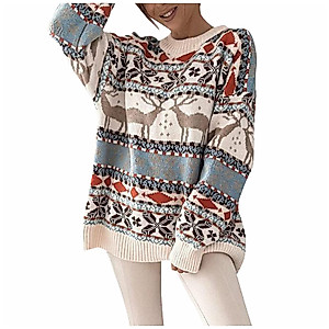 EKVAHL Women's Christmas Tree Snowflake Knitted Sweater Pullover Cute Crew Neck Long Sleeve Xmas Sweater Women Casual Loose Sweater Graphic Oversized Pullover Sweaters Top