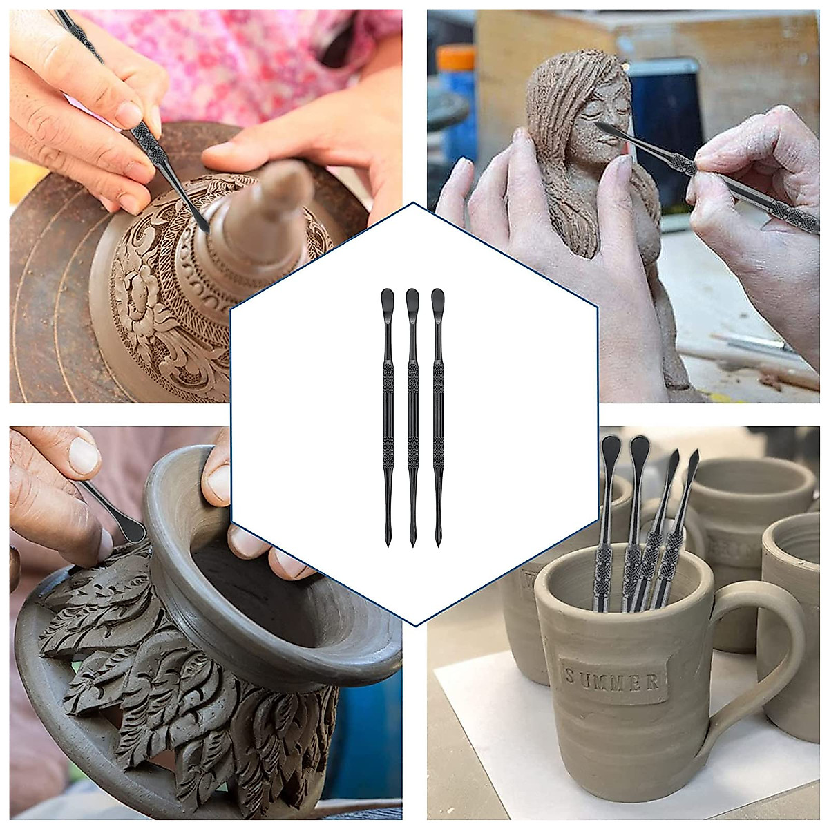 Suiwotin 3PCS Wax Carving Tools, Stainless Steel Wax Tool Carving Tool Kit, Double-Headed Sculpting Tool Spoon, Black