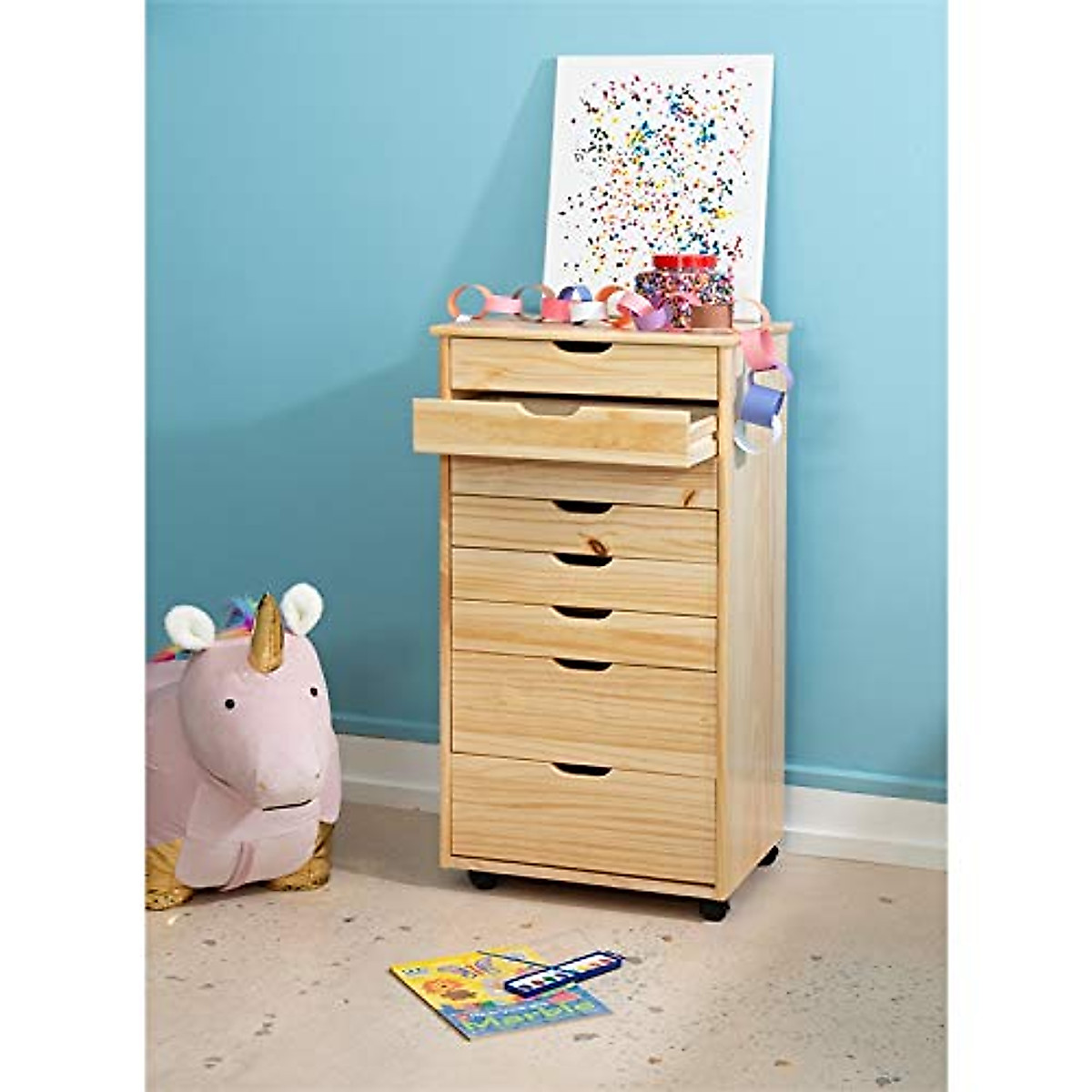 Riverbay Furniture 8-Drawer Transitional Wood Storage Cart w/Casters in Natural