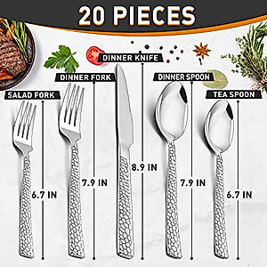 Herogo Stainless Steel Hammered Square Silverware Set for 4, 20-Piece Fancy Flatware Cutlery Set, Metal Tableware Eating Utensils Set for Home Restaurant Wedding, Dishwasher Safe