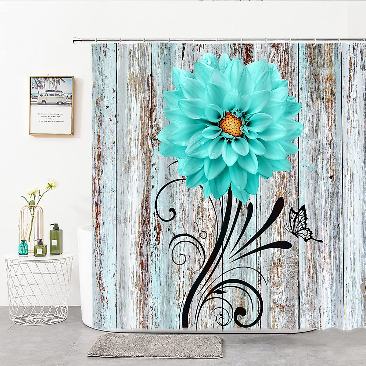 Teal Dahlia Floral Shower Curtain Daisy Flower Butterfly Country Farmhouse Rustic Turquoise Wooden Board Plank Barn Door Bathroom Decor Accessories Polyester Fabric Set with 12 Hooks 70 X 70 in