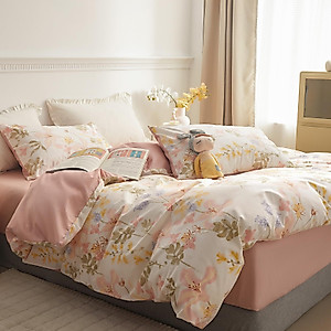 HighBuy Boho Floral Duvet Cover King,Soft Cotton Aesthetic Pink Floral King Comforter Cover,Lightweight Soft Garden Style Bedding Set King Duvet Cover Set Zipper Closure Breathable King
