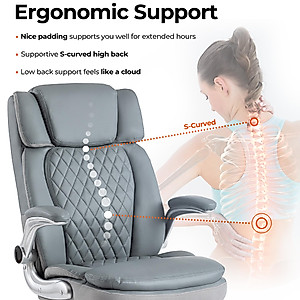 HOMYEDAMIC High Back Office Chair with Adjustable Arms, PU Leather Computer Executive Chairs Big Tall Swivel Ergonomic Adjustable Tilt Angle, Thick Seat 7012-Grey