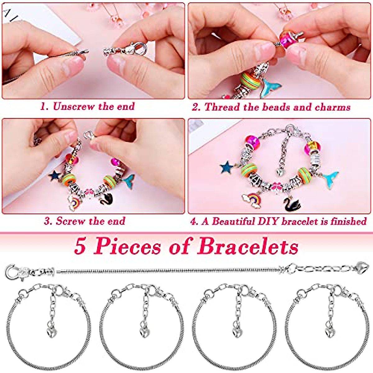 DIY Bracelet Making Kit for Girls, Thrilez 97Pcs Charm Bracelets Kit with Beads, Pendant Charms, Bracelets and Necklace String for Bracelets Craft & Necklace Making, Gift Idea for Teen Girls