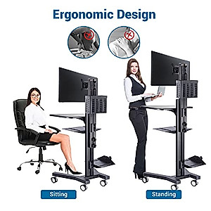 AW Rolling Computer Cart Adjustable Mobile PC Standing Workstation with Monitor Mount Keyboard Tray Printer CPU Holder Wheels for Shop Home Office Black