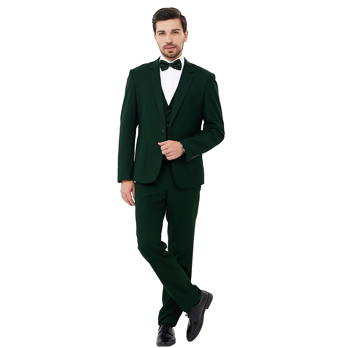 MAGE MALE Mens Tuxedo Suit Set Slim Fit 3 Piece Suit Wedding Prom Suits Patch Pockets Blazer Vest Pants Set with Bow Tie Dark Green