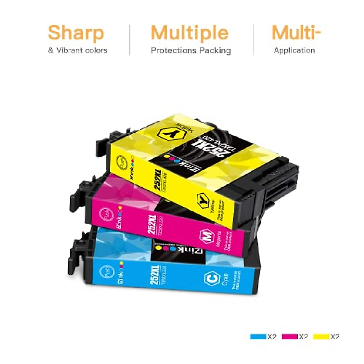 E-Z Ink (TM) Remanufactured Ink Cartridge Replacement for Epson 252 XL 252XL T252XL to use with Workforce WF-3620, WF-3640, WF-7110, WF-7610, WF-7620, WF-7210 (2 Cyan, 2 Magenta, 2 Yellow, 6 Pack)
