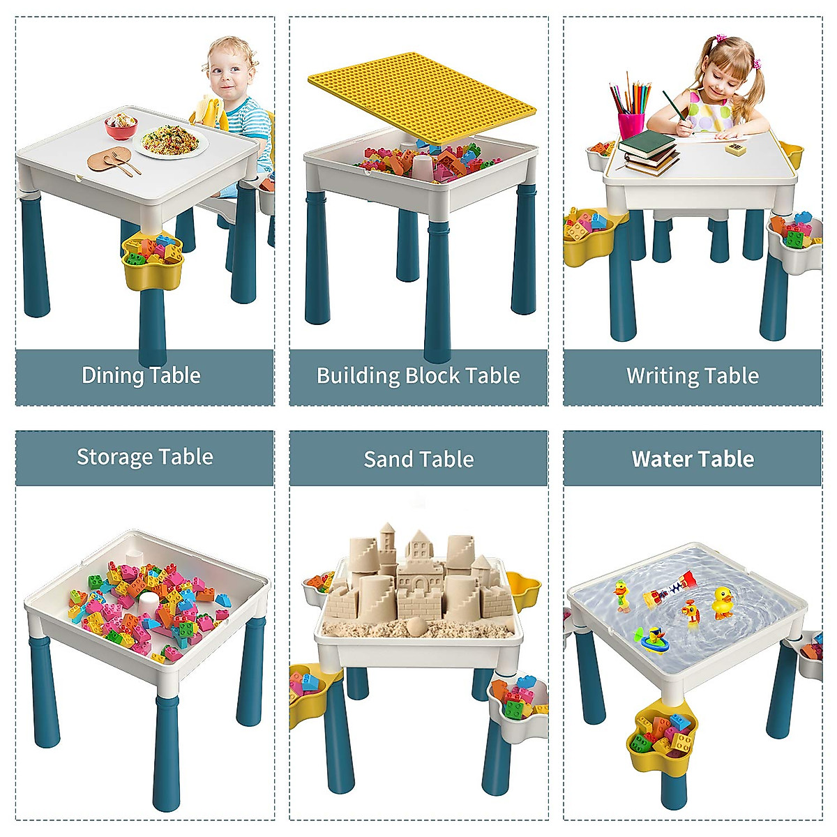 burgkidz Kids 5-in-1 Multi Activity Table Set - Building Block Table with Storage - Play Table Includes 1 Chair and 128 Pieces Compatible Large Bricks Building Blocks for Ages 2 and Up (Macaron)