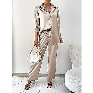 Ekouaer Womens Silky Loungewear Loose Satin Sleepwear Classic Long Sleeve Two Piece Pajama Set Champagne S