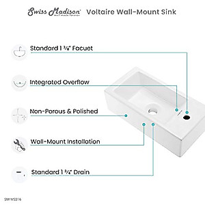 Swiss Madison Well Made Forever SM-WS316 Voltaire Wall Hung Sink, Glossy White