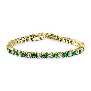 Bling Jewelry Green White Alternating Simulated Emerald Round Cubic Zirconia 12.00 CT 4 Prong Basket Set Solitaire AAA CZ Tennis Bracelet For Women Prom Bride 14K Gold Plated 7.5 Inch