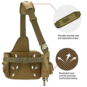 Piscifun Fishing Tackle Bag with Rod & Gear Holder, Lightweight Sling Tackle Storage Bag, Water-Resistant Cross Body Sling Bag with D-Rings and Waist Strap, Khaki