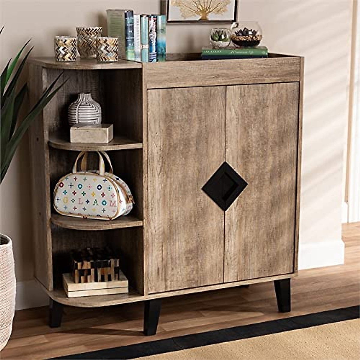 BOWERY HILL Modern Oak Finished Wood 2-Door Shoe Cabinet with Open Shelves