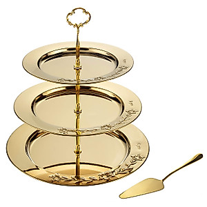 AKSHITHAA Large Food Grade Stainless Steel Three Tier Gold Cupcake Stand-Gold Dessert Stand-Gold Serving Tray-Three Tiered Gold Cake Stand for Weddings with Extra Gold Cake Server, Dishwasher Safe