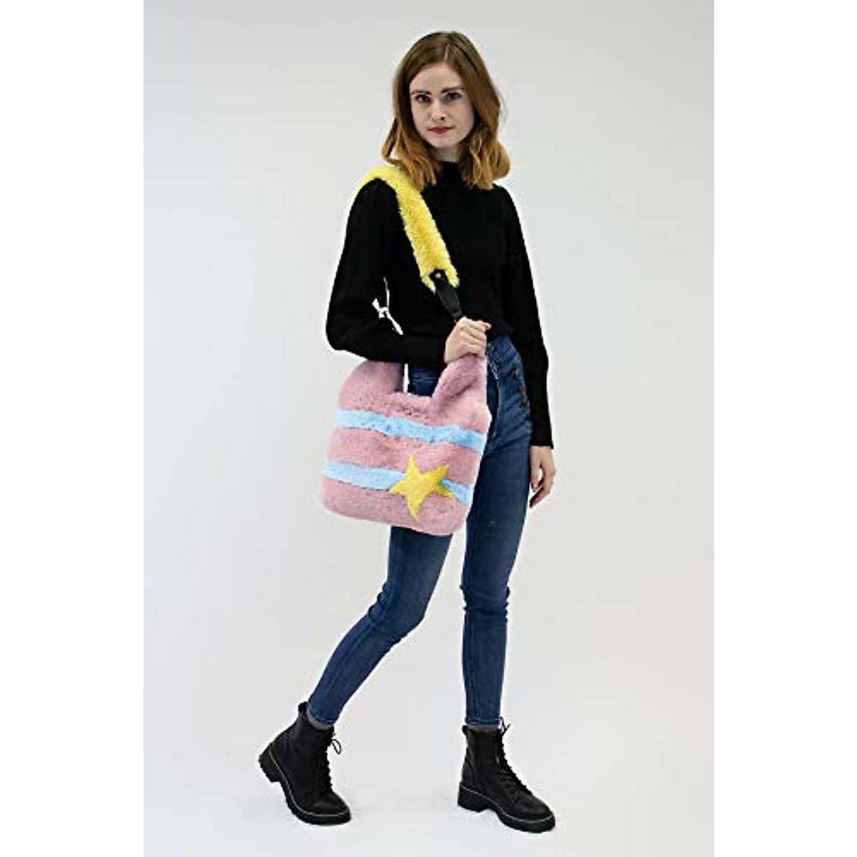 surell - Striped Faux Rex Rabbit Fur Shoulder Bag - Pastel Fuzzy Tote - Cute Fluffy Soft Bag with Heart - Luxurious Fashion Purse Gift - Kawaii Love Tote Bag - Stylish Handbag - (Pink/Blue/Yellow)