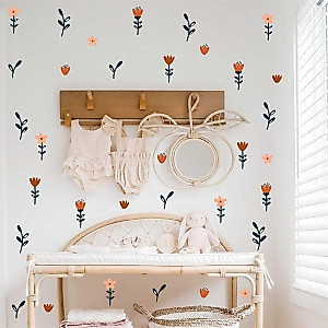 IKEYU Retro Boho Flower Wall Decals - Cute Green Leaf Wall Stickers for Nursery & Kids Bedroom, Retro Flower, IKEYU-31