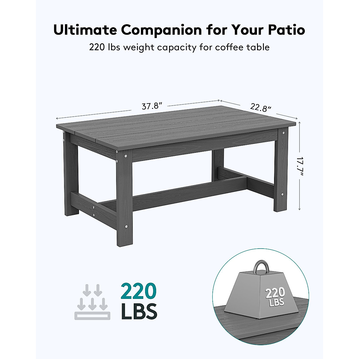 SERWALL HDPE Patio Coffee Table, Rectangle Outdoor Coffee Table, All-Weather Coffee Side Table for Balcony, Poolside, Deck, Garden, Gray