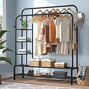 JOISCOPE Double Rods Portable Garment Rack for Hanging clothes, 49 * 66 Inch Metal Clothing Rack with Bottom Shelves and 4 Hooks,Freestanding Clothes Rack for Bedroom,Space Saving, Black