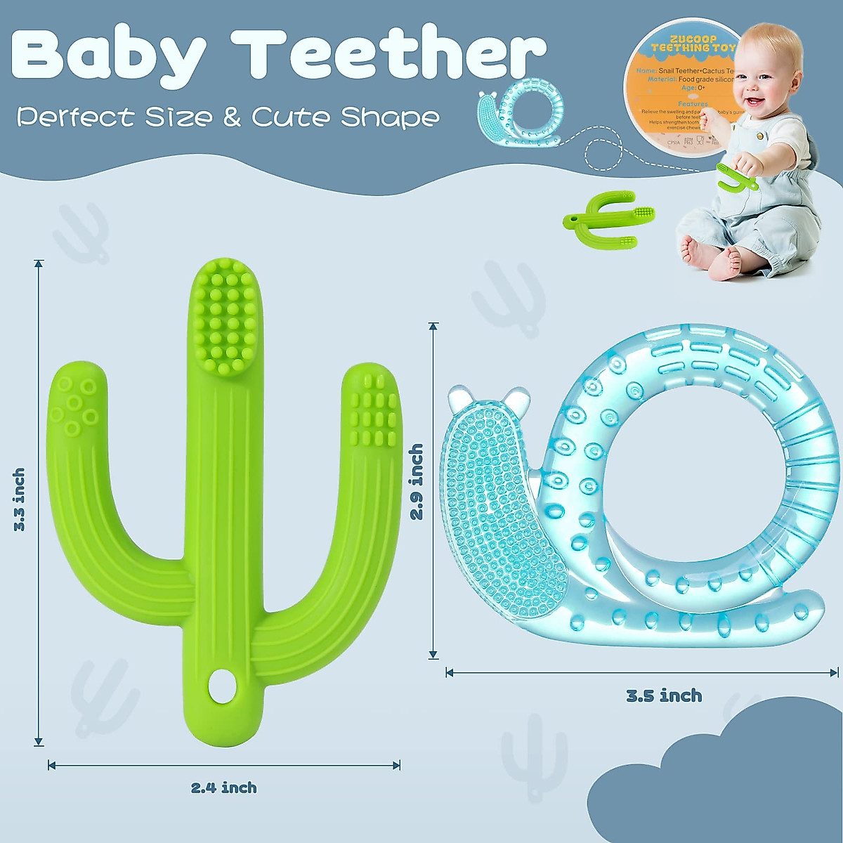 Silicone Baby Teething Toys Cold Frozen Teethers Toys Soothe Infant Baby Teething Relief Chew Toys, BPA Free Training Toothbrush for Babies 0-18 Months - Cactus and Snail