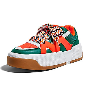 LUCKY STEP Women’s Platform Fashion Sneakers Lace up Casual Faux Leather Comfortable Thick Sole Tennis Walking Shoes (Green/Orange, 7 B(M) US)