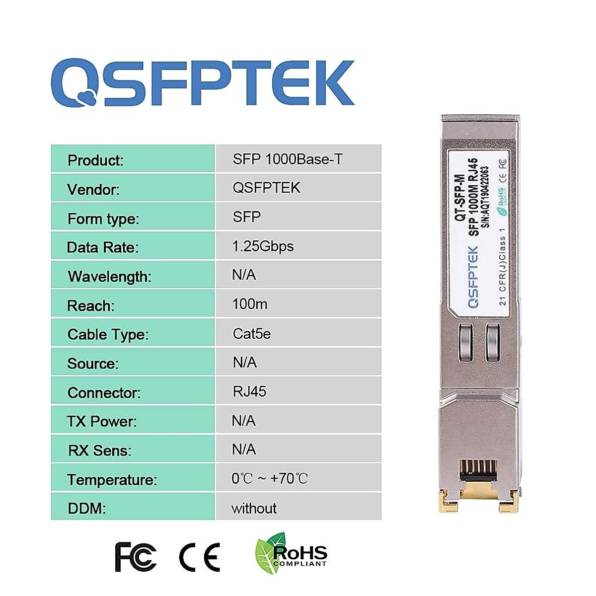 1000BASE-T SFP to RJ45, 1.25G SFP-T Gigabit SFP Copper RJ45 Module Mini GBIC Transceiver for Ubiquiti UF-RJ45-1G, Supermicro, Netgear, Broadcom, Other Open Switches, up to 100m