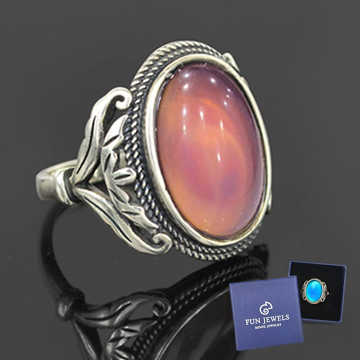 FUN JEWELS Burnished Sterling Silver Multi Color Change Oval Stone Mood Ring Size Adjustable