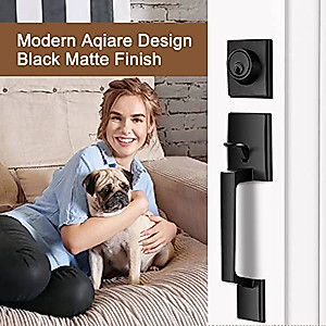 Tionzion Front Door Handle, Single Cylinder Handleset with Deadbolt and Lever Door Handles for Exterior Door, Reversible for Right and Left-Handed, Entry Door Lock Set Matte Black Finish