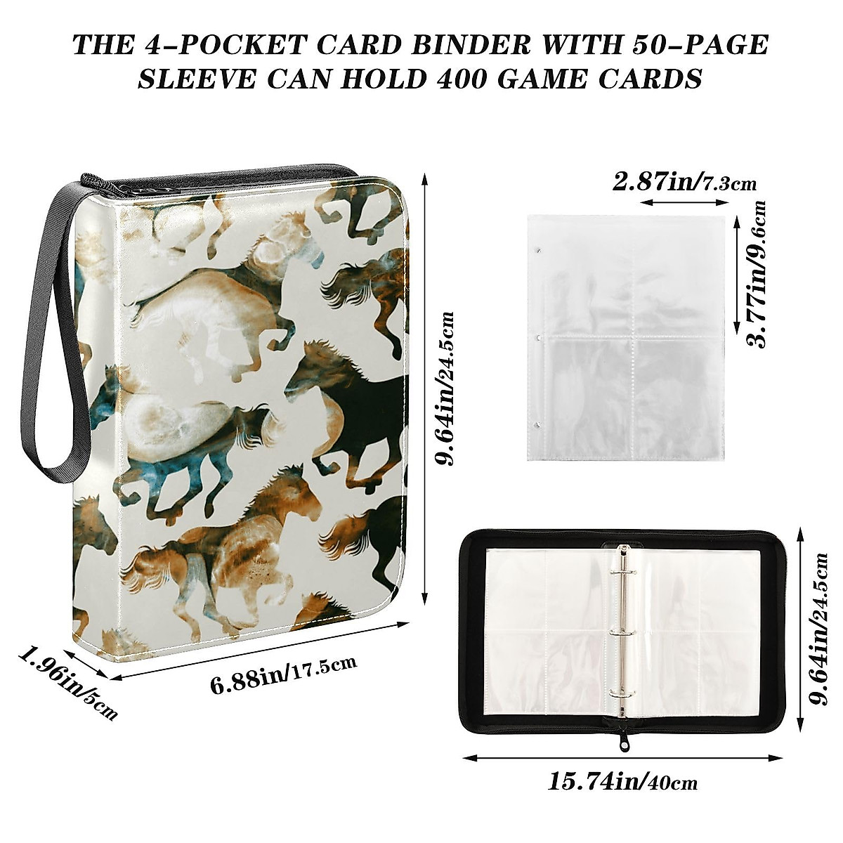 Tie Dye Horses Card Binder 400 Pockets Trading Card Storage Binder Album with Sleeves Zipper Card Collection Holder Folder for Game Cards Sport Cards Sleeved Cards