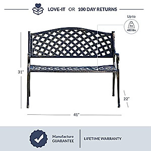 BELLEZE Patio Outdoor Garden Bench, 40 inch Cast Aluminum Loveseat Chairs with Armrests for Park, Yard, Porch, Lawn, Balcony, Backyard, Antique Seat Furniture, Bronze