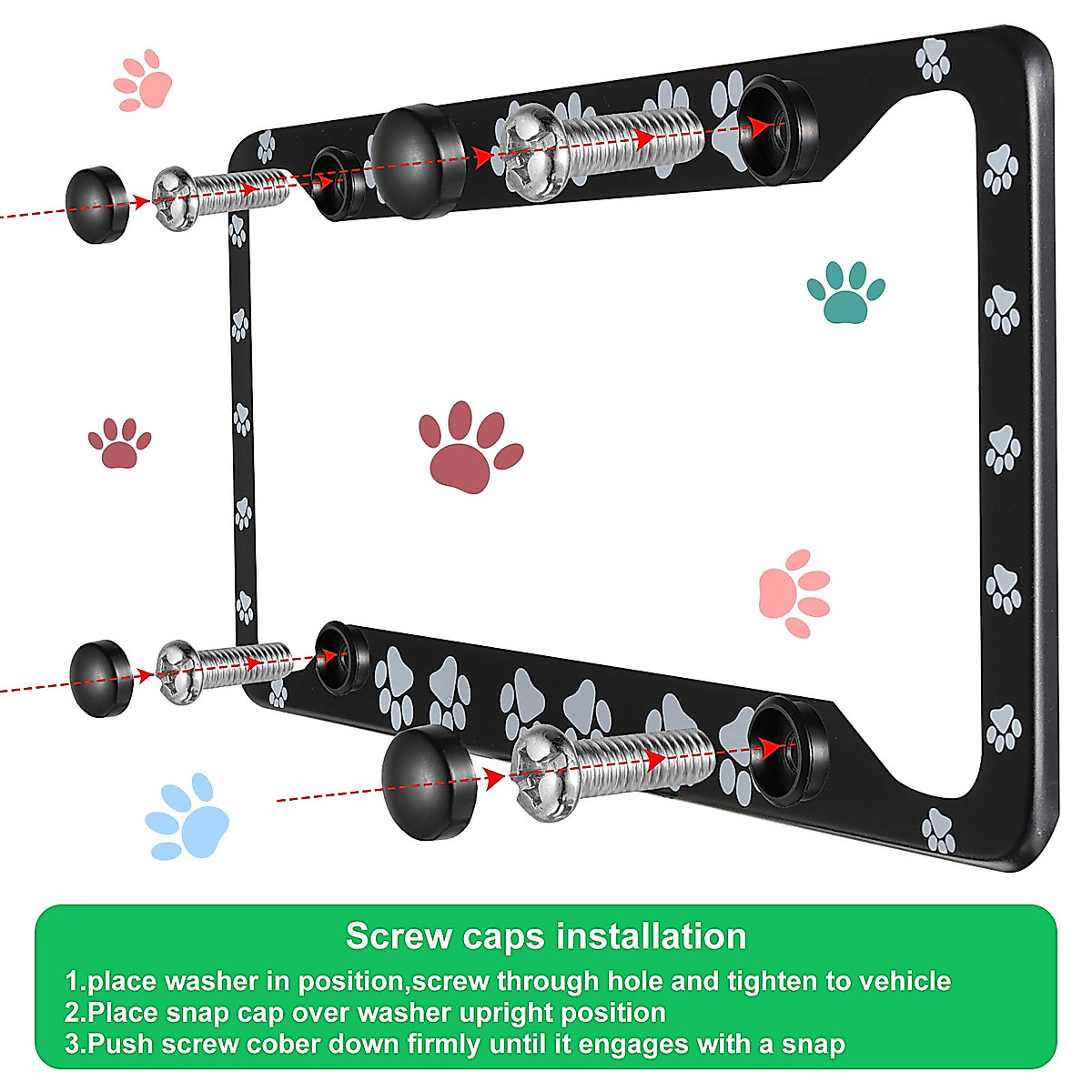 2 Pieces Dog Paw Print License Plate Frames Cat Frames License Plate Cover Aluminum Alloy Covers with 4 Valve Stem Caps and 2 Paw Mat