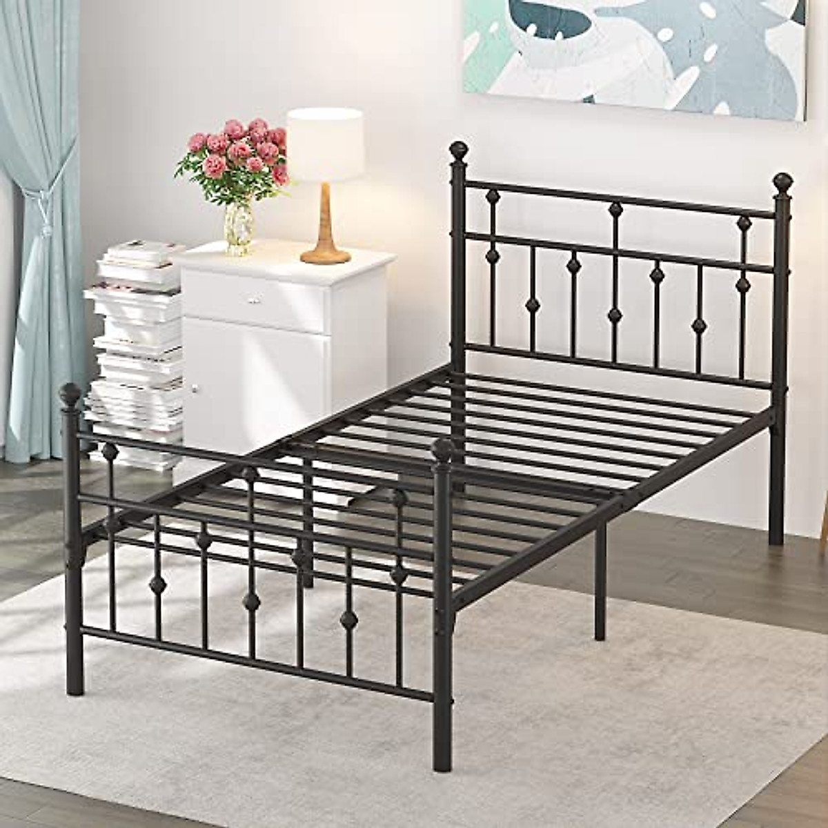 Weehom Metal Twin Bed Frame with Headboard and Footboard Mattress Foundation Heavy Duty Bed Frame Under Bed Storage No Box Spring Needed, Black