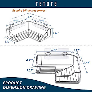 TETOTE Corner Shower Caddy,2-Pack Storage For Inside Shower Adhesive Shelf with Hooks,SUS304 Rustproof No drill Organizer Suction cups for Bathroom Stick On Shelves