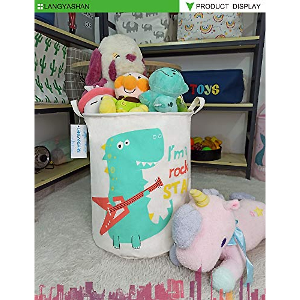 LANGYASHAN Laundry Basket Canvas Fabric Collapsible Organizer Basket for Storage Bin Toy Bins Gift Baskets Bedroom Clothes Children Nursery Hamper (Dinosaur)