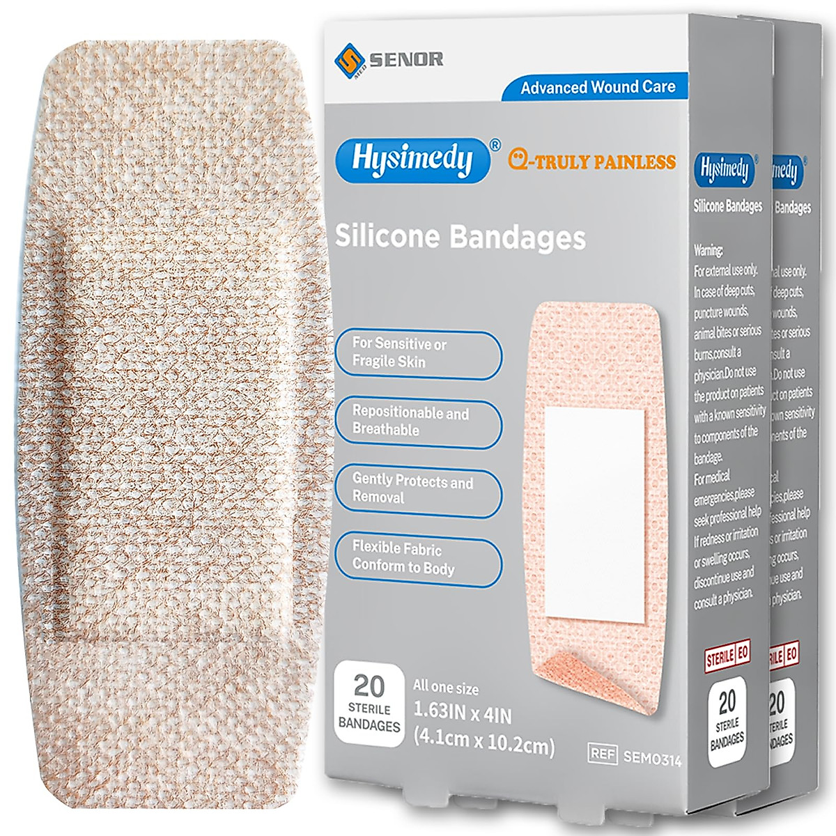 Hysimedy Silicone Bandages Large Size for Sensitive Fragile Skin - 1.63"x4" 40 Counts - Non Allergenic Non Latex Hypoallergenic Painless Removal Bandages