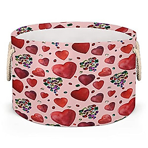 Heart Colorful Valentine (3) Large Round Baskets for Storage Laundry Baskets with Handles Blanket Storage Basket for Bathroom Shelves Bins for Organizing Nursery Hamper Girl Boy